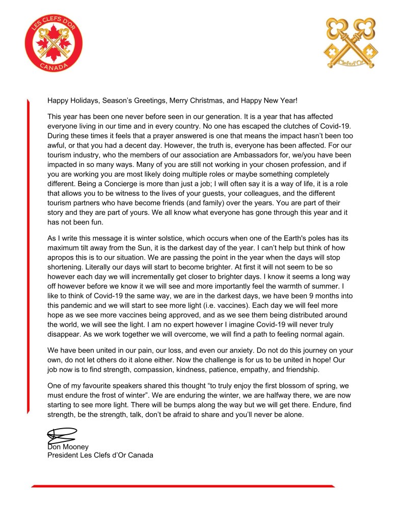 Holiday Message from President Don Mooney – Les Clefs d'Or Canada